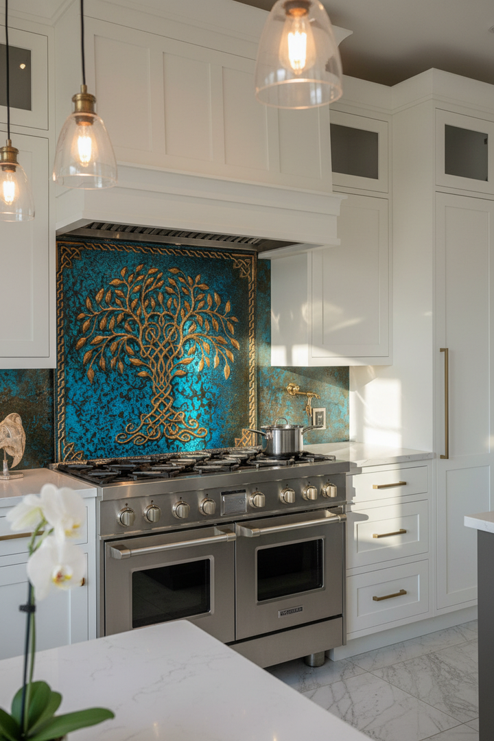 Blue Copper Backsplash | Blue Patina Copper Kitchen Backsplash