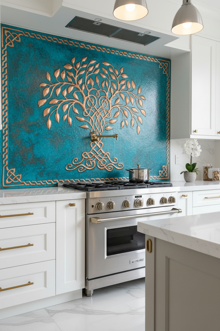 Blue Copper Backsplash | Blue Patina Copper Kitchen Backsplash